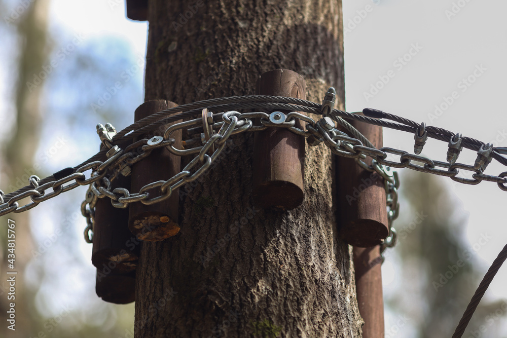 Fastening in the rope park.Mechanisms for securing ropes and wooden ...