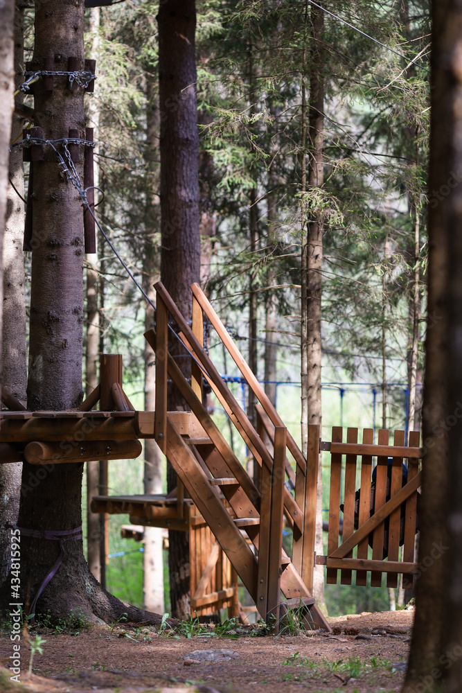 Rope park in the middle of the forest.Passing sports obstacles above ...