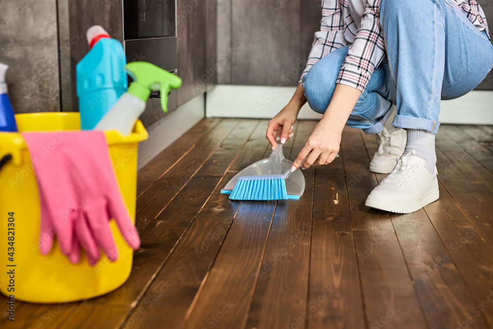 Cropped female hands sweeping Dust with brush and dustpan, holding ...