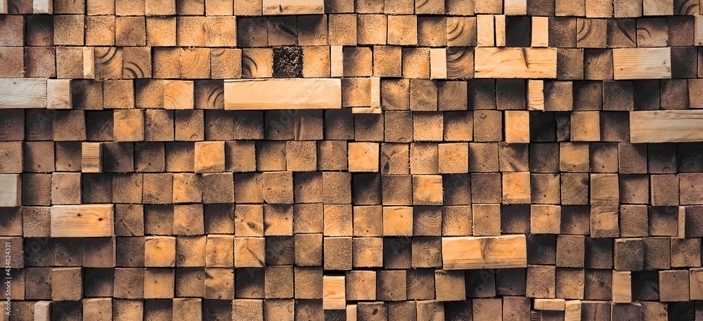 Rustic Wooden Wall From Wood Blocks Panoramic Background Texture. Pine ...