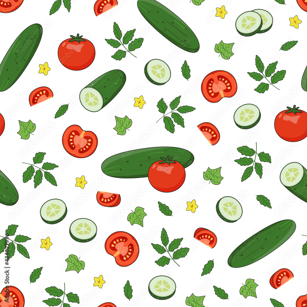 Summer vegetables seamless pattern - cucumbers, tomatoes, flowers and ...