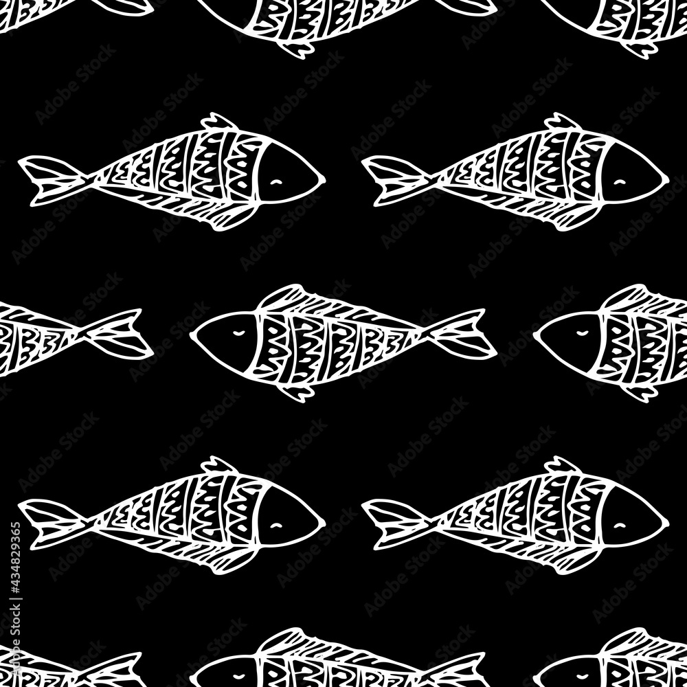 Vector seamless pattern of fish in different directions. hand-drawn ...