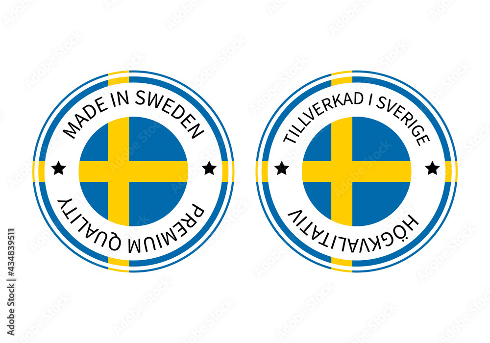 Made in Sweden round labels in English and in Swedish languages ...