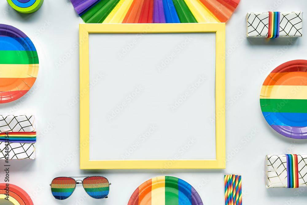 LGBTQ pride month decor, mockup with copy-space, text place. Rainbow ...