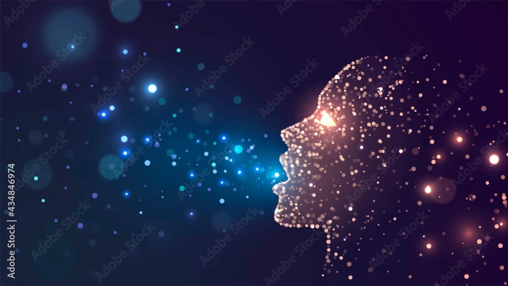 Human face in profile from stars, blue sparks fly out of open mouth ...