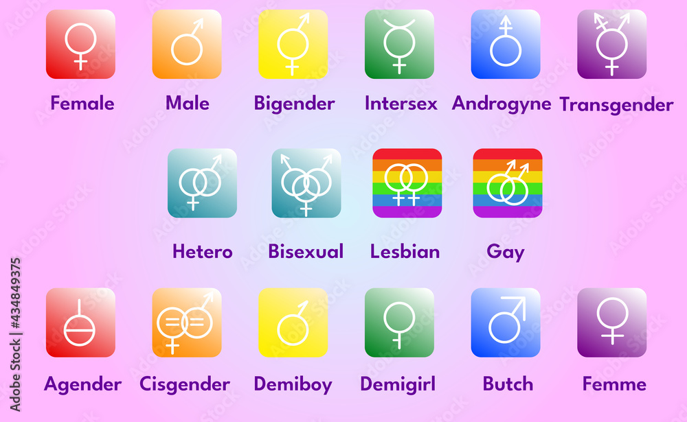 Gender icons in square buttons, set. A set of gender symbols, a concept ...