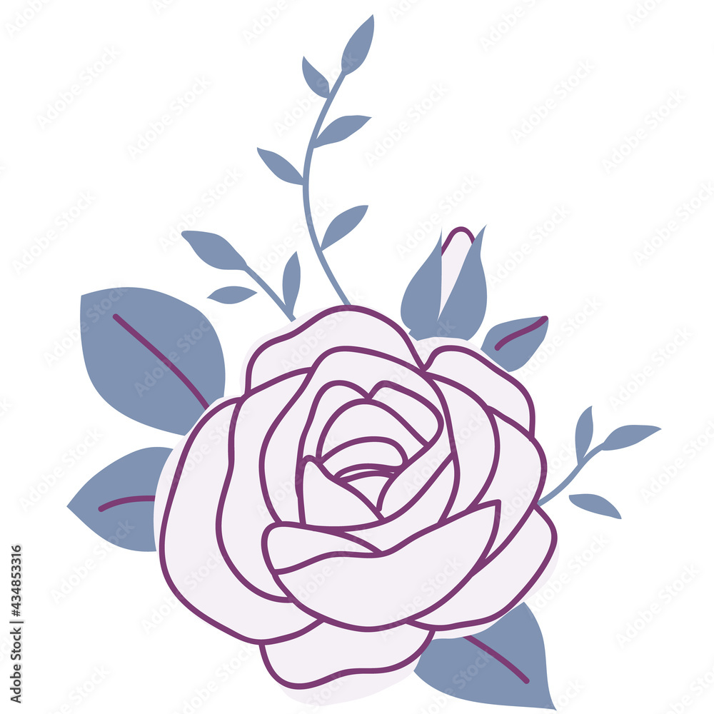 Decorative pink rose silhouette with green leaves. Vector illustration ...