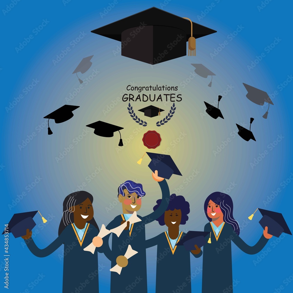 Graduation event ceremony. Happy graduate students with graduating caps ...