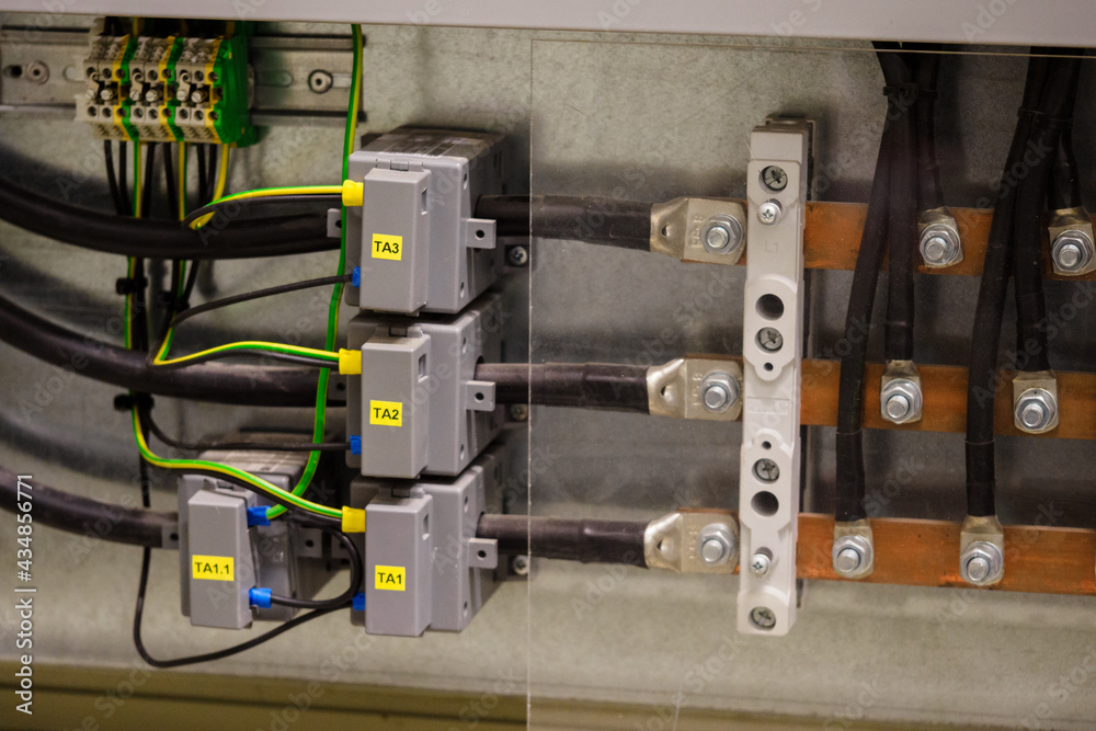 Three phases of shin in a switchboard with load measurement. Stock ...
