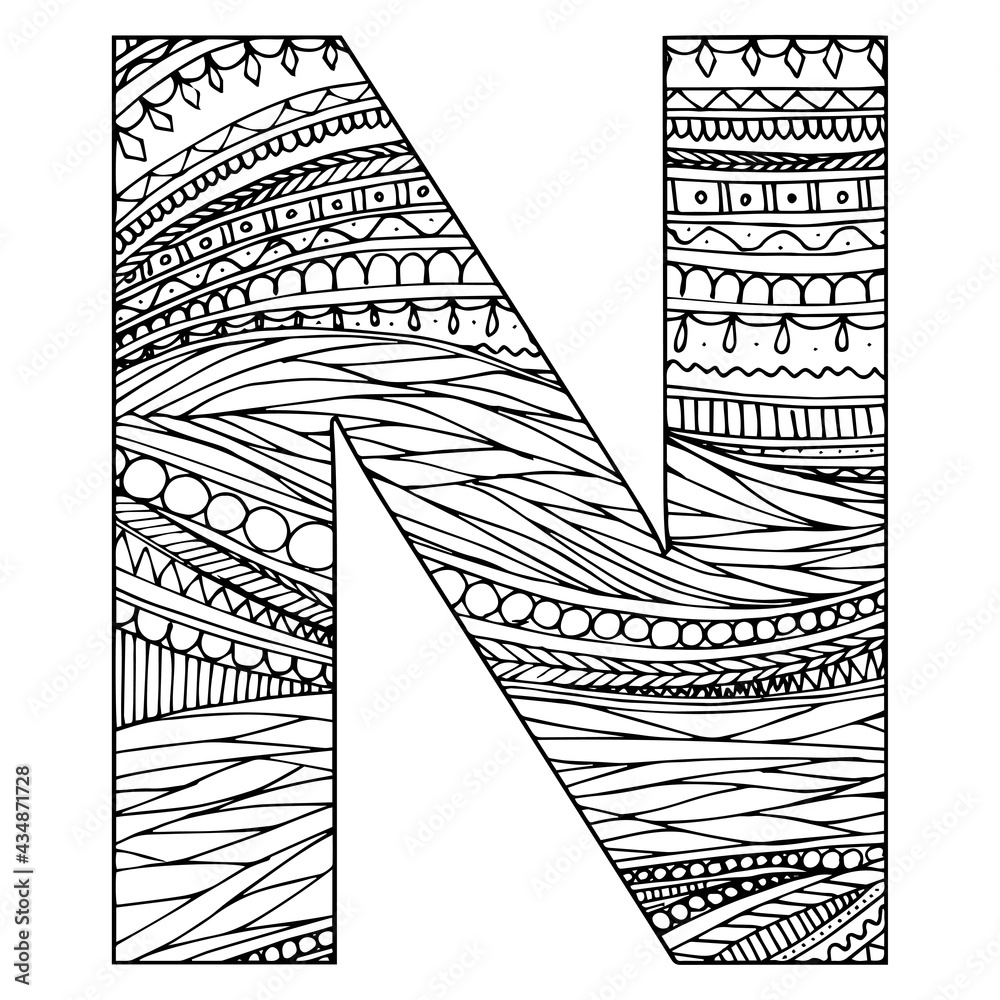 Zentangle stylized alphabet - letter N. vector illustration Black white ...