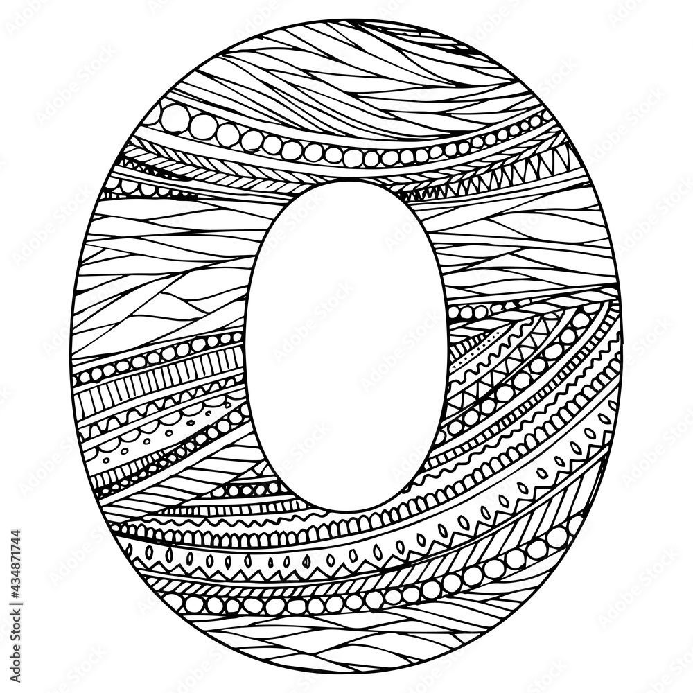 Zentangle stylized alphabet - letter 0. vector illustration Black white ...