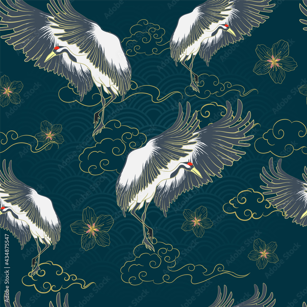 Seamless Japanese Repeat Pattern Standing Cranes Flapping Wings on ...