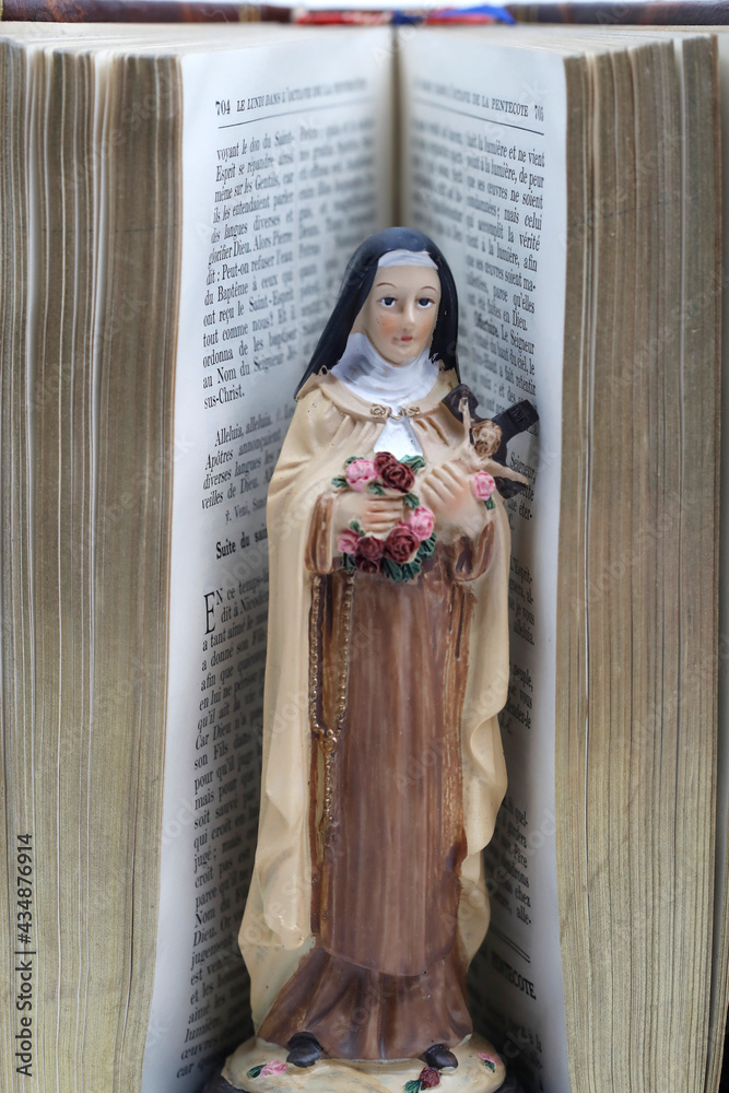 Bible and Saint Therese de Lisieux figurine. Also known as Saint ThÃ©rÃ ...