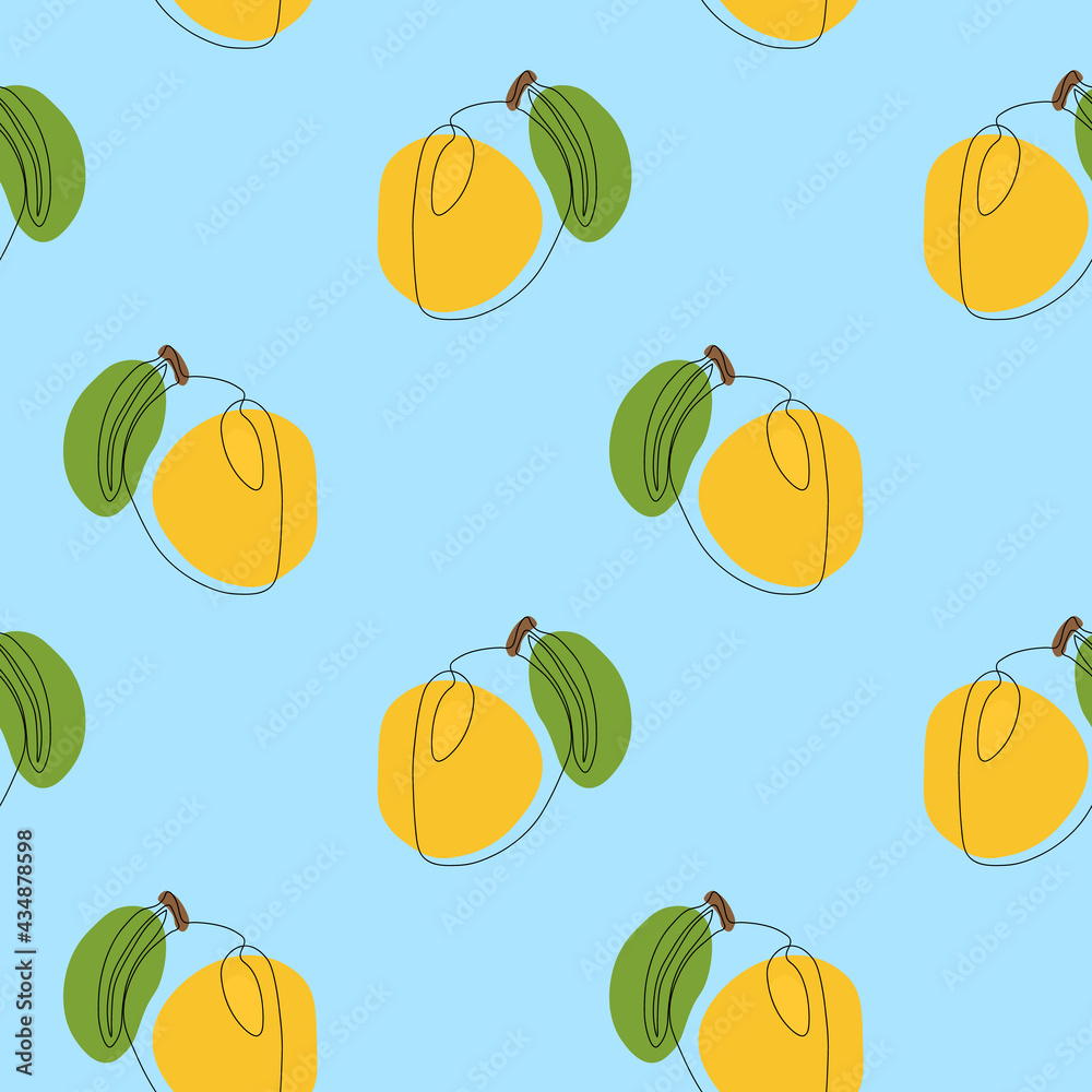 Seamless pattern with mango on blue background. Continuous one line ...