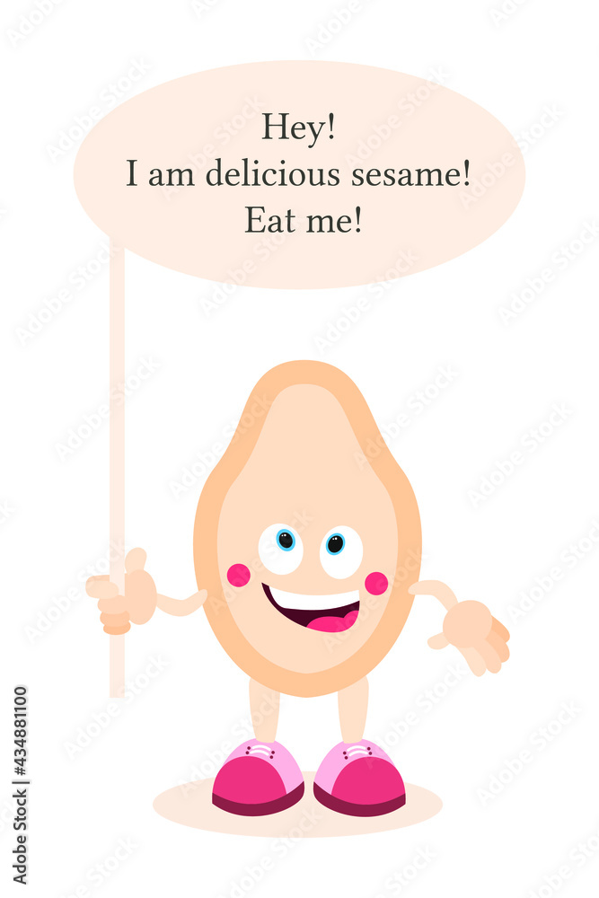 Cartoon sesame. Sesame with face, arms and legs. Food is like a smiley ...