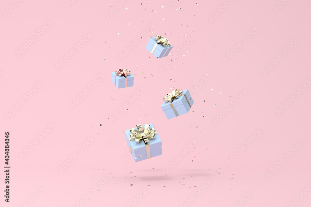 Minimal trendy scene of falling gift box on golden confetti particles ...