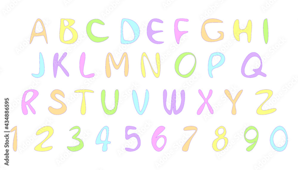 Hand drawn alphabet in pastel rainbow color. Vector illustration ...