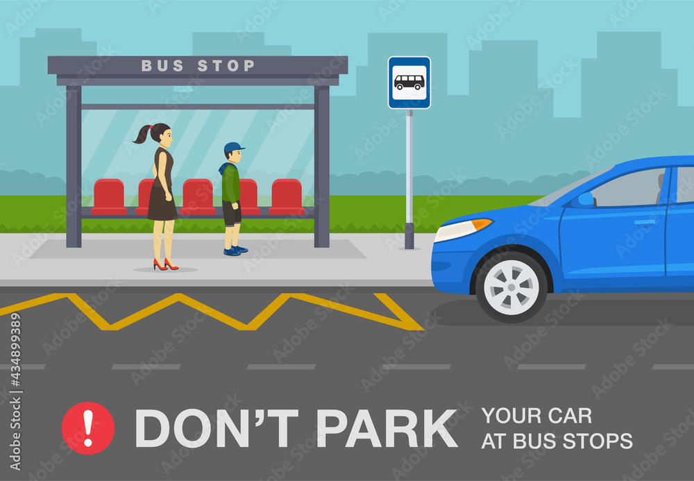 Passengers waiting for transit on a city bus stop. Do not park your car ...