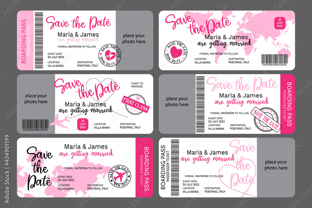 Wedding invitation- boarding pass in pink colors set editable Stock ...
