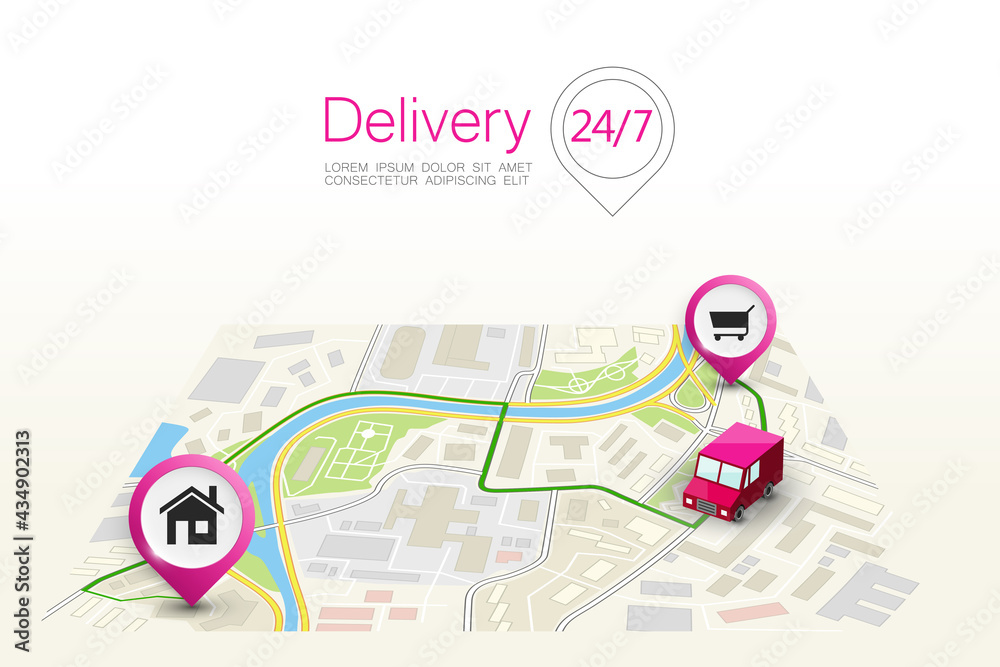 City map delivery navigation route, point markers delivery van, drawing ...
