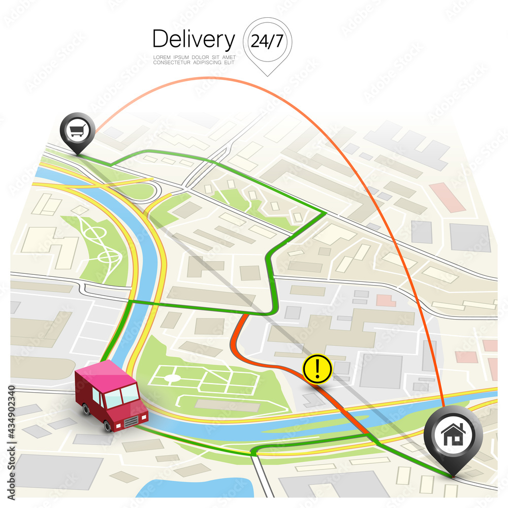 City map delivery navigation route, point markers delivery van, drawing ...