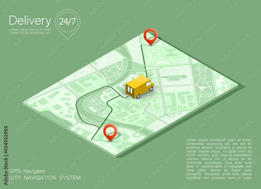 Isometric City map navigation route, point markers delivery van ...