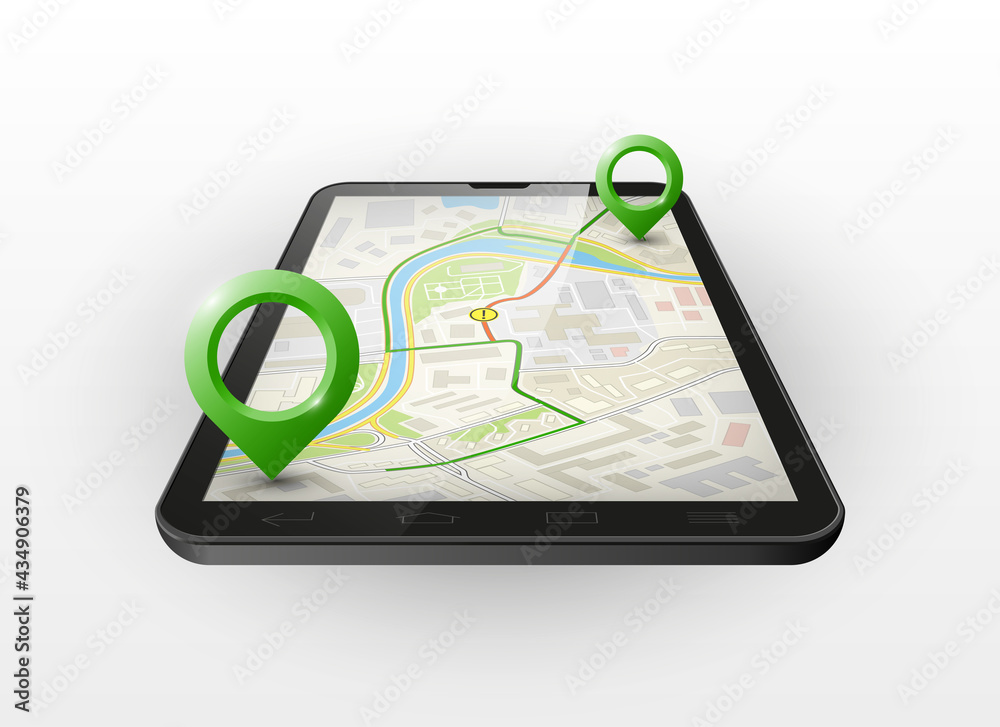 City map navigation 3d smartphone, phone point marker, app drawing ...