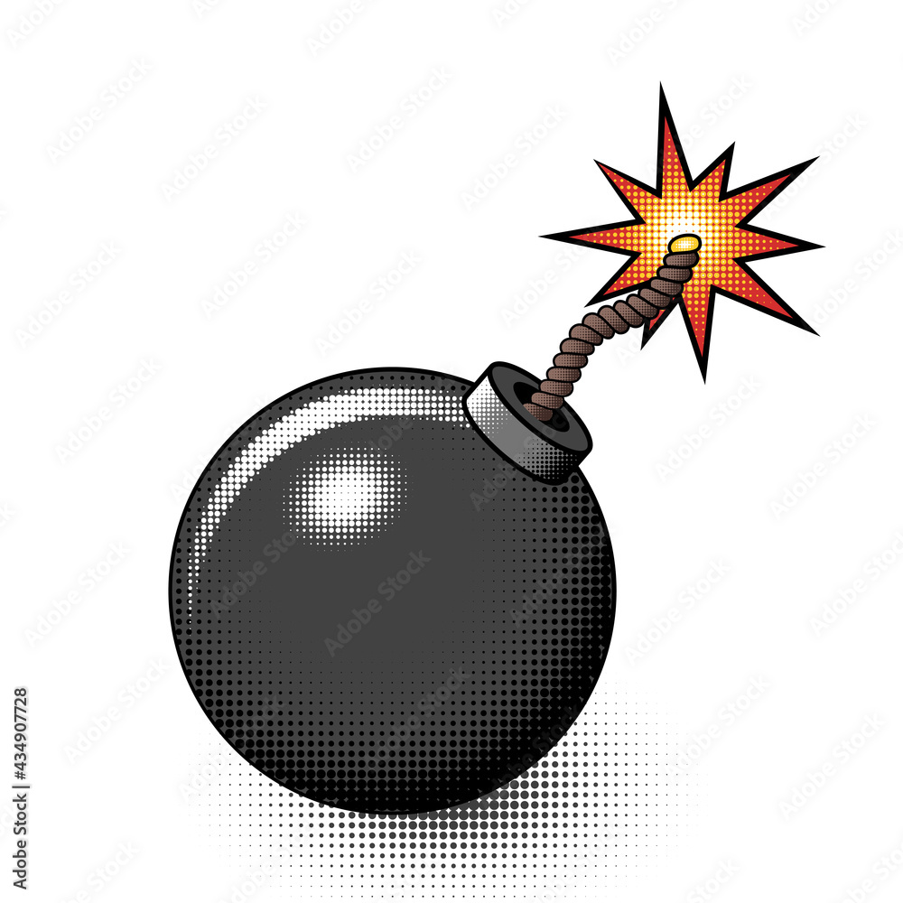 Bomb icon in cartoon comic style with burning fuse and halftone on ...