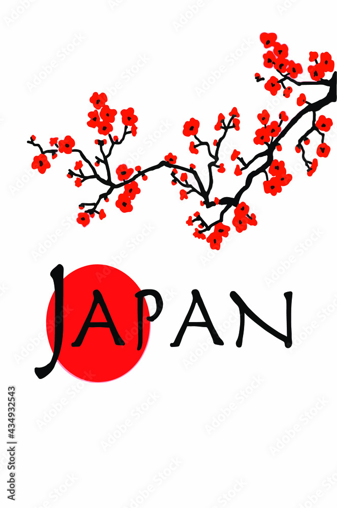 Vector of Asian illustration. Japanese traditional sakura on a red sun ...