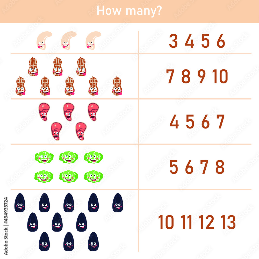 Educational game for children. Counting food. Count how many elements ...