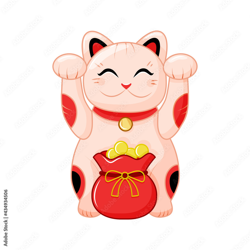 Japanese cat maneki Neko with raised paws and a bag of gold coins. Cute ...