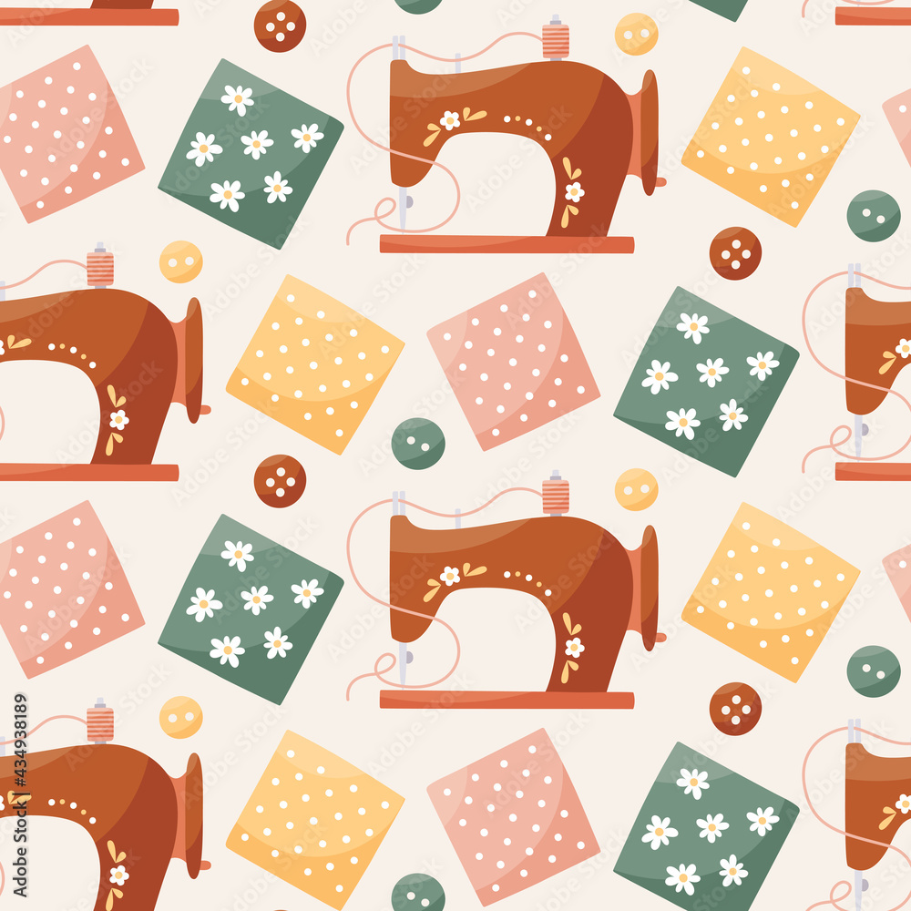 Seamless cute boho vector sewing and knitting pattern with fabric ...