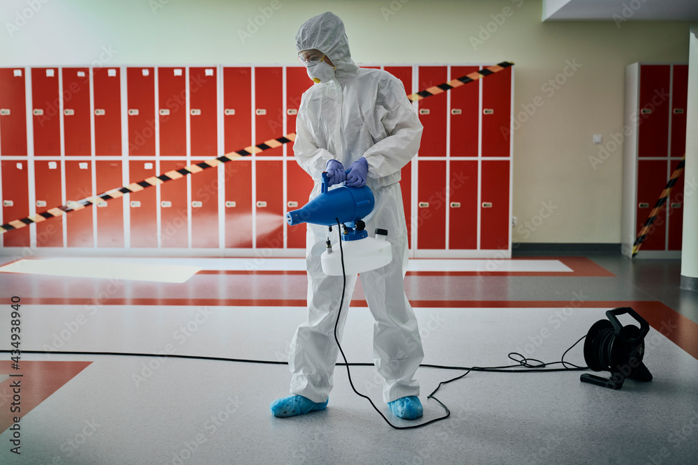 Routine disinfection of building hallway Covid-19 Stock Photo | Adobe Stock