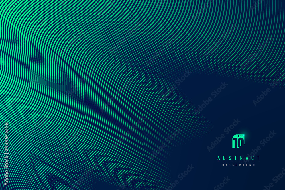Abstract dark blue mesh gradient with glowing green curve lines pattern ...