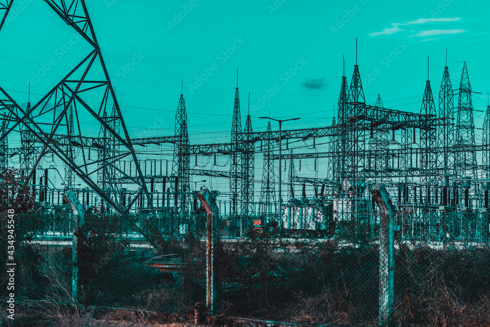 High voltage Electrical substation with steel frames, insulators and ...