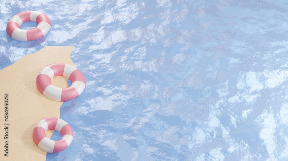 3d background renderings, beach and sea water surrounded by float wheel ...