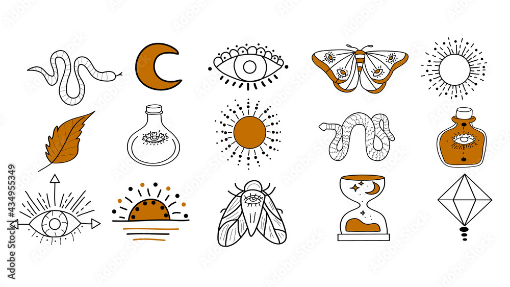 Vector witch magic design elements set. Hand drawn, doodle, sketch ...