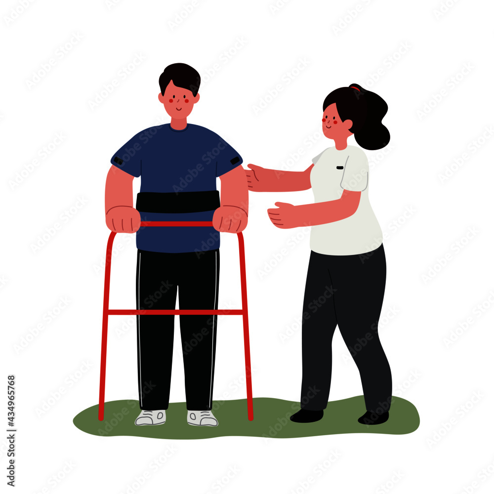 patient standing practice with physiotherapist cartoon character design ...