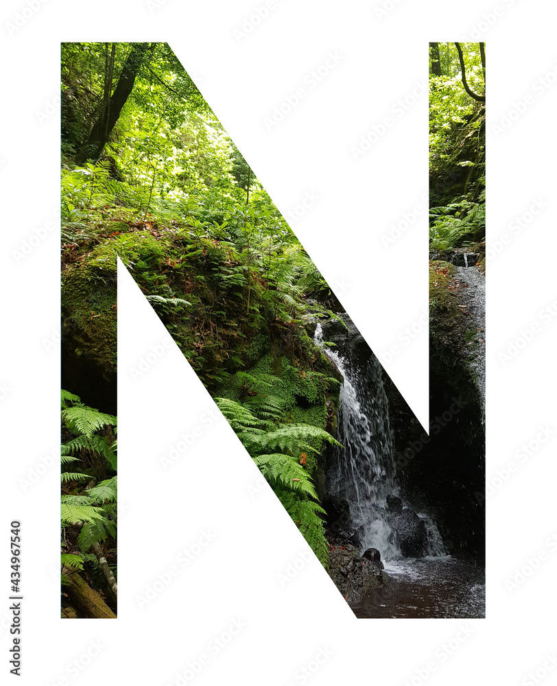 Letras rellenas de imagen de selva tropical, muy verde con cascada ...