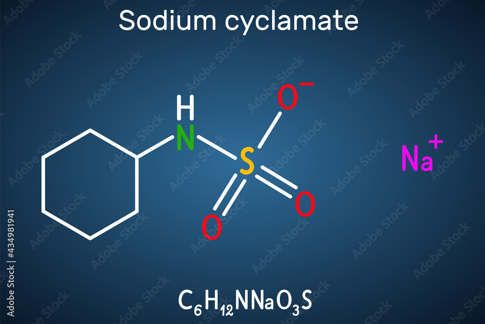 Sodium cyclamate molecule. Cyclamate is an artificial sweetener, food additive E952 . Structural ...
