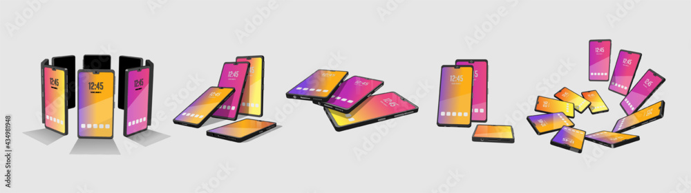 Set of a group of 3d models cell phones. Smartphones in different ...