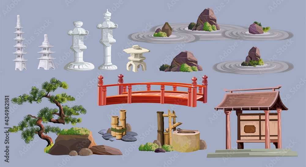 Ancient japan culture objects set with pagoda, temple, ikebana, bonsai ...