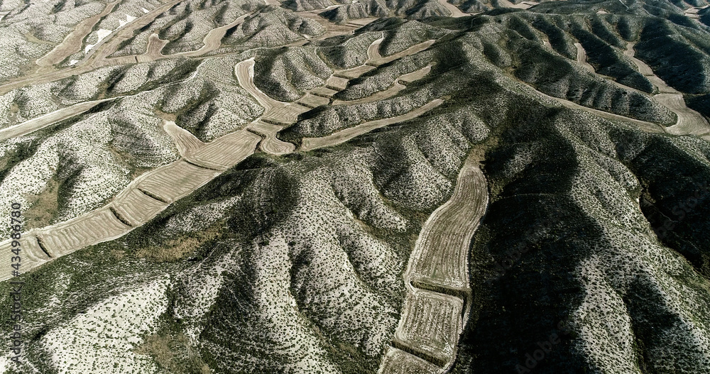 Aerial view of abstract geometric shapes of farm plots. Dry ...