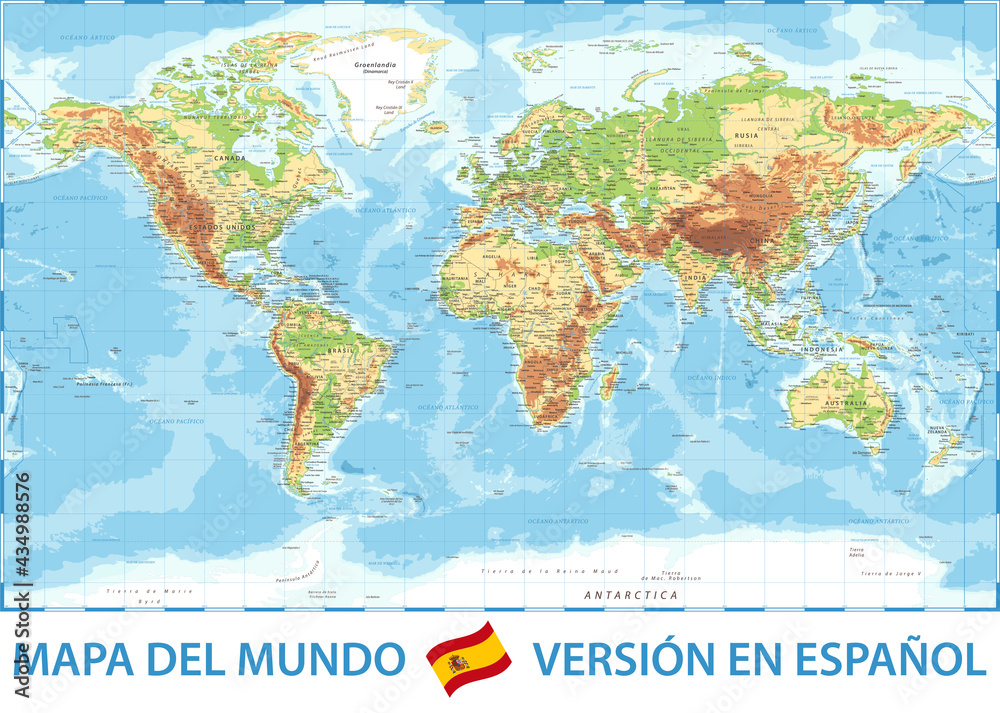 World Map Color Physical - Spanish Language Version - Vector Detailed ...