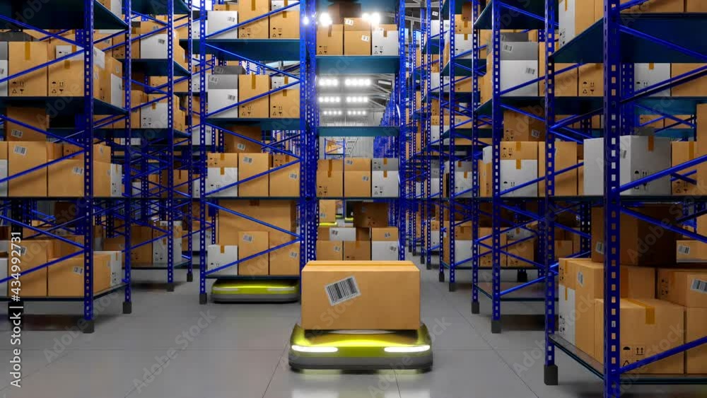 Autonomous robots moving around rack shelves with packages in warehouse ...