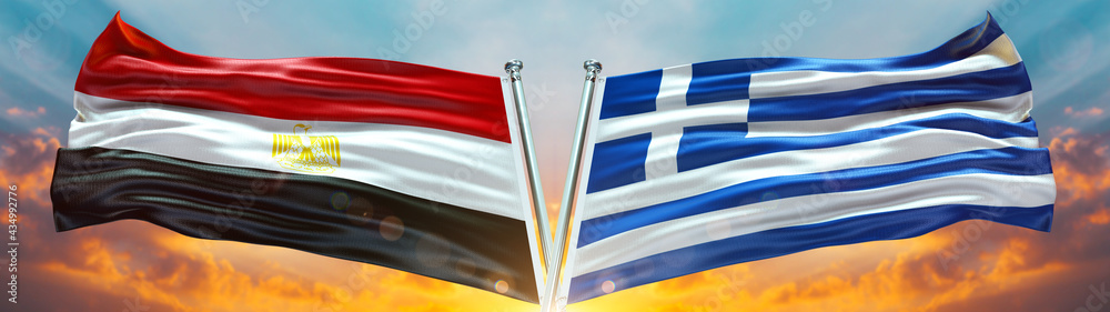 Egypt flag and Greece Flag waving with texture sky Cloud and sunset ...
