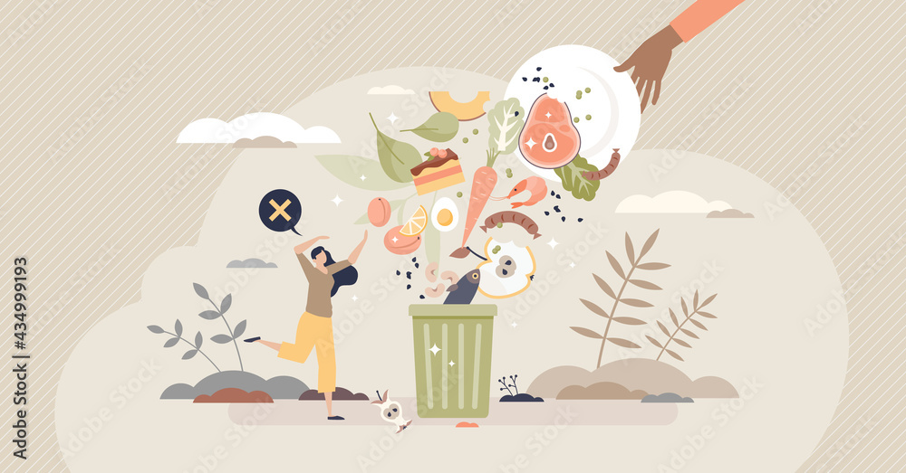 Food waste and meal leftovers garbage reduce awareness tiny person ...