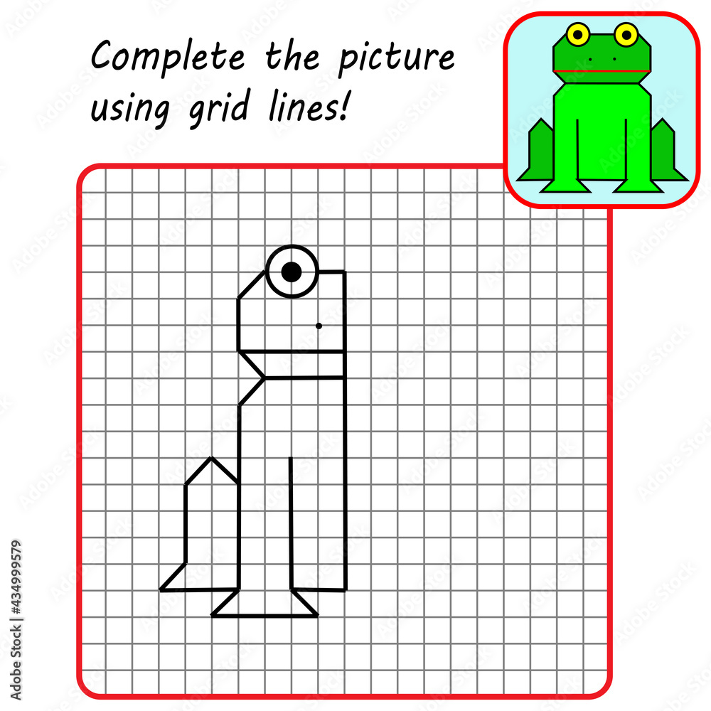Educational game for kids. Simple exercise Frog. Drawing using grid ...