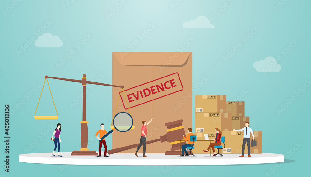 evidence concept with document paper and scale and gavel with people ...