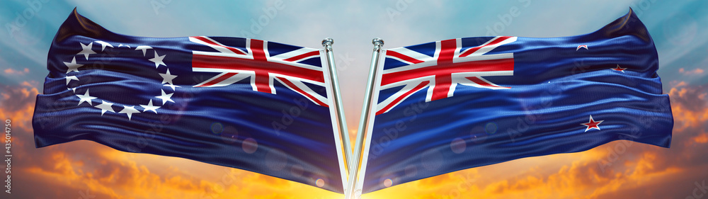 Cook Islands Flag and New Zealand flag waving with texture sky Cloud ...